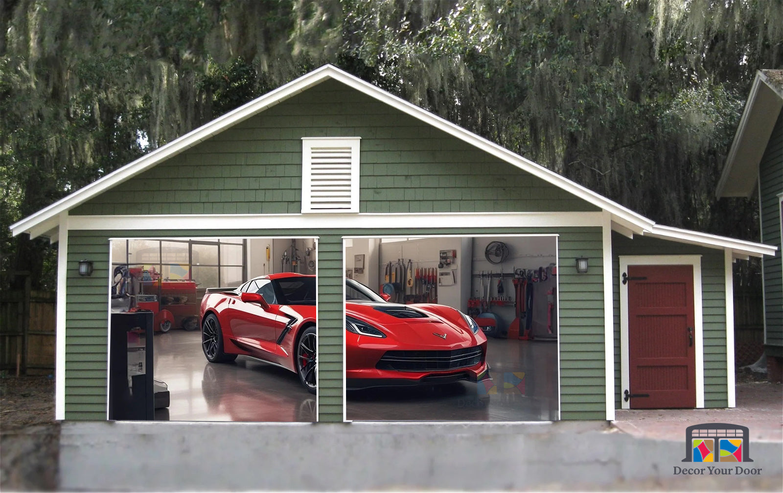 Corvette Garage Door Cover – Red C7 Parked in Garage