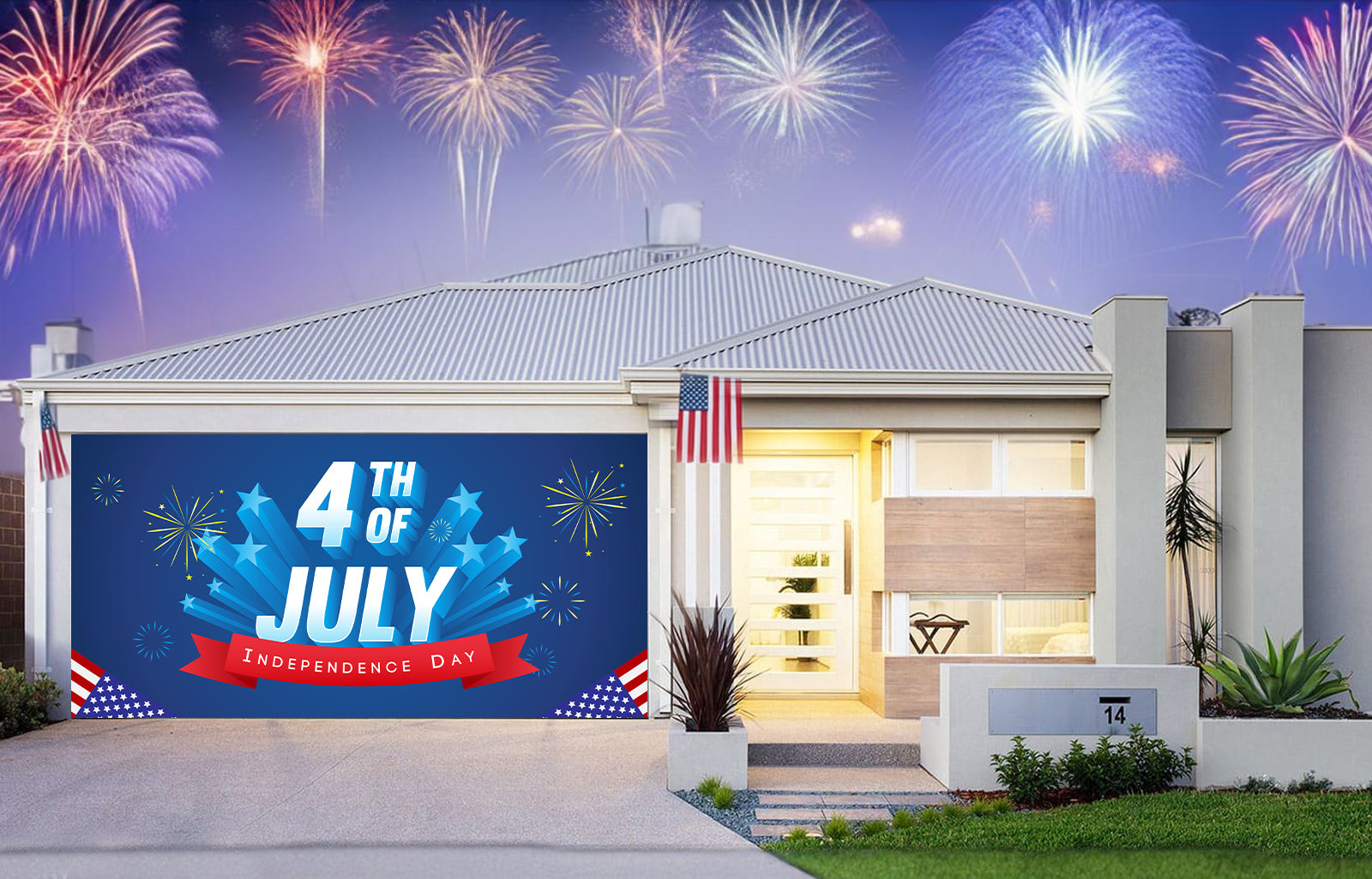 4th of July Fireworks Celebrations With USA Flag Garage Door Cover Ban