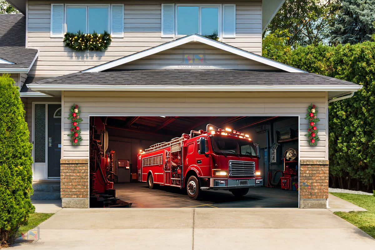 Fire Truck Garage Scene Garage Door Cover Banner Decoration - Decor Yo