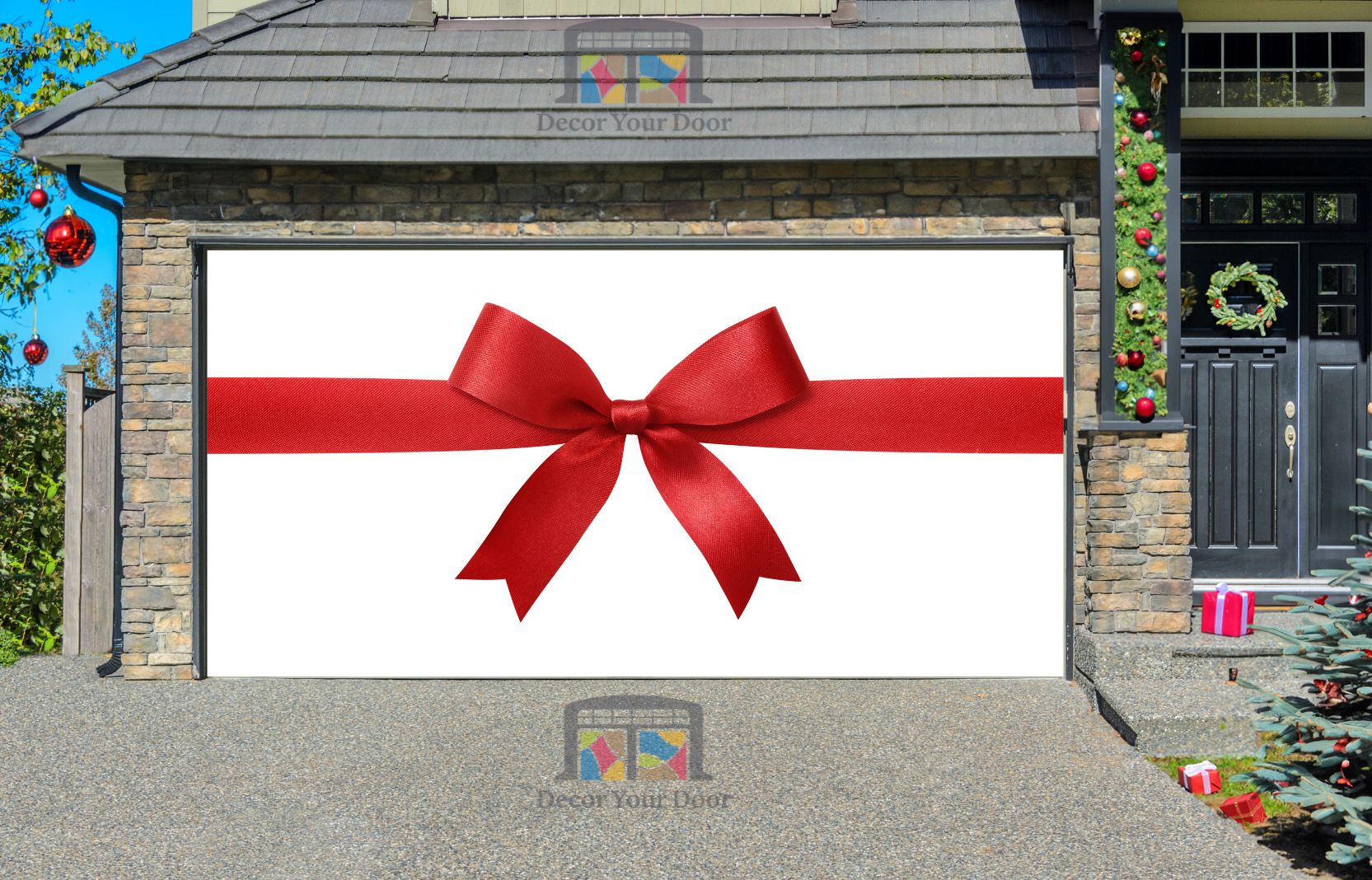 Christmas Garage Door Cover – Red Ribbon Bow Design