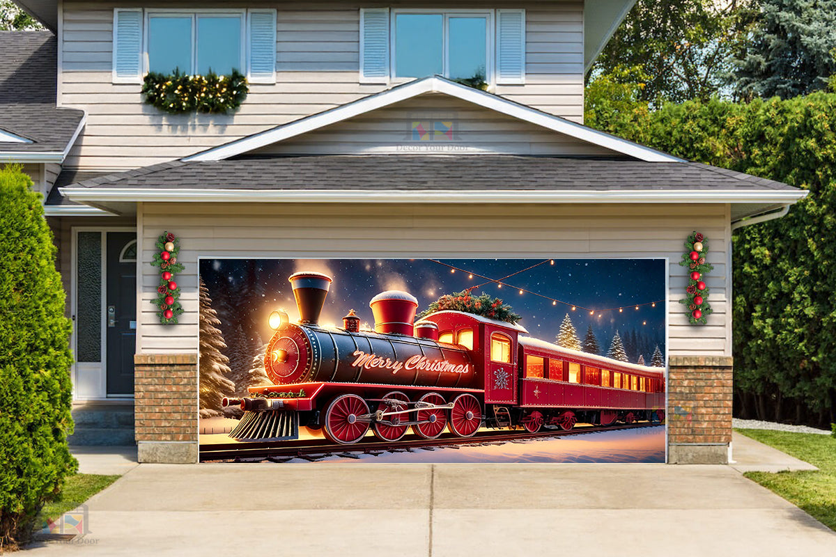 Red Train of Holiday Cheer Garage Door Cover Banner Decoration - Decor