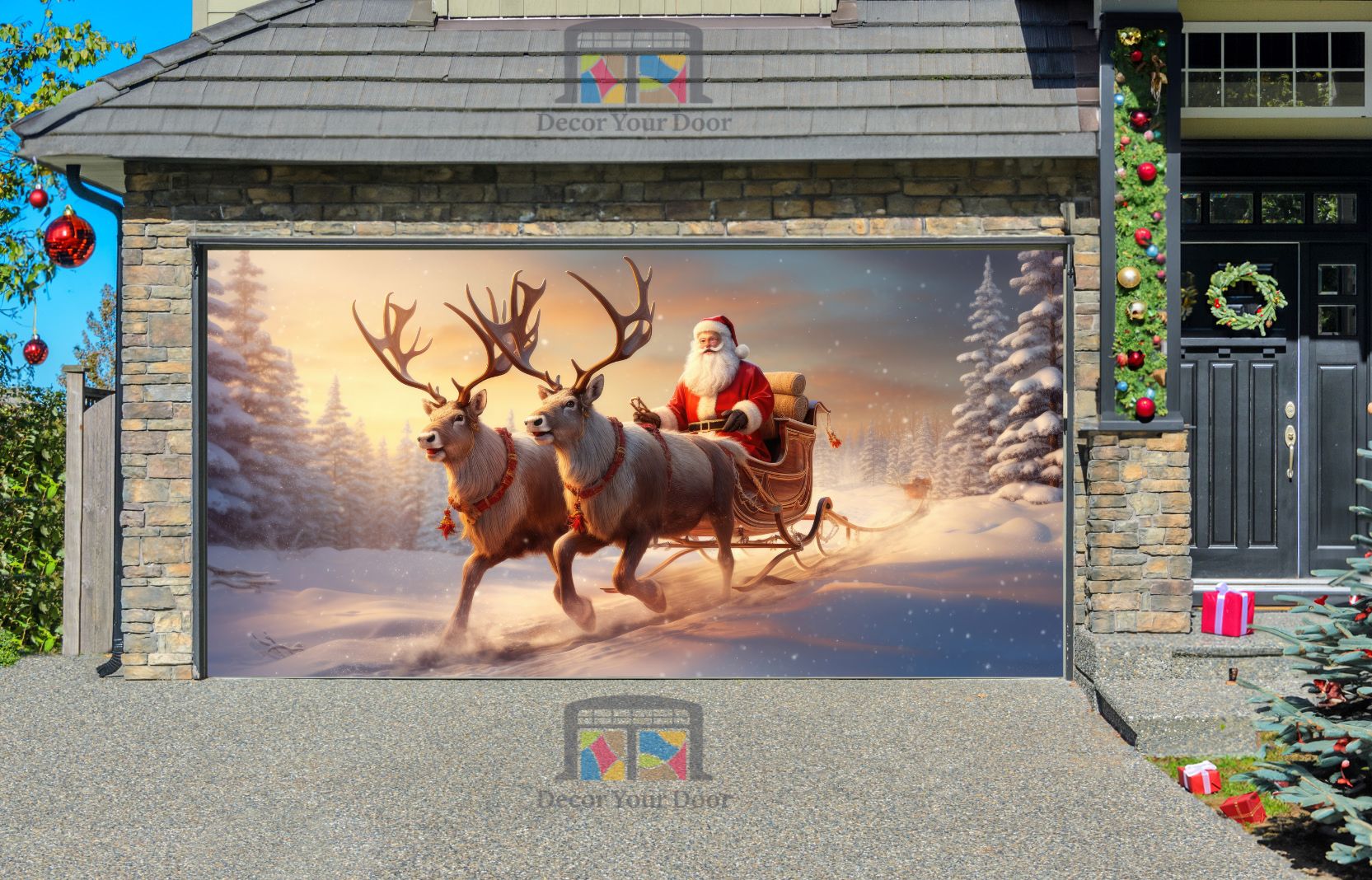 Santa Sleigh Garage Door Cover – Riding With Reindeer